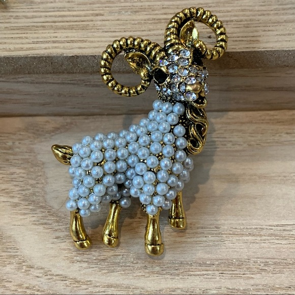 Jewelry | Pearl Accented Rhinestone Gold Goat Brooch Pin | Poshmark